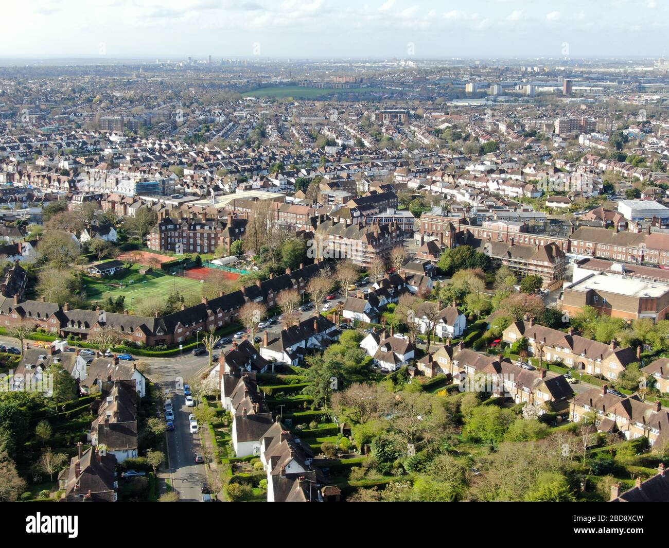 Aerial view of Hampstead Garden Suburb and typical house cottage, an ...