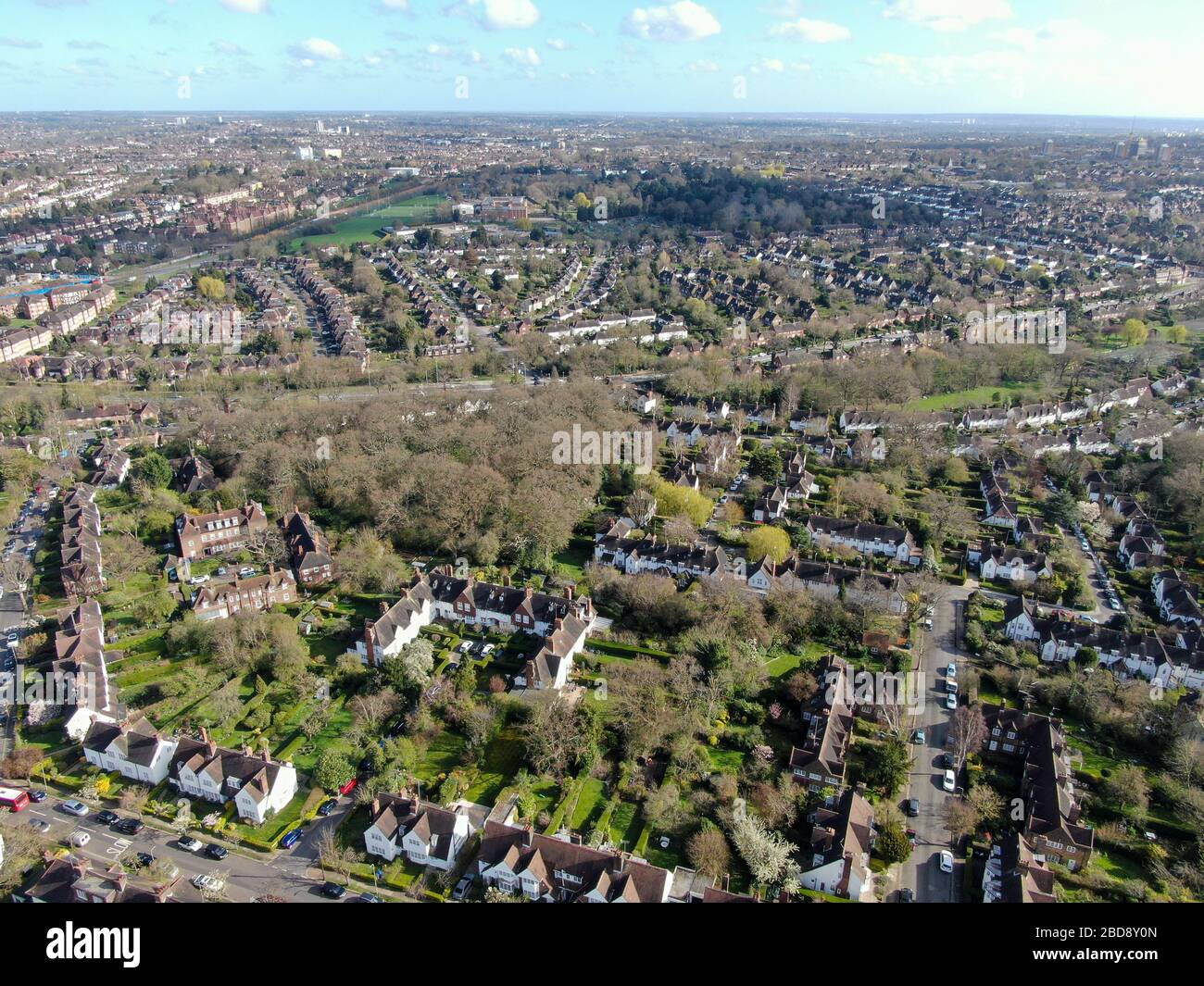 Aerial view of Hampstead Garden Suburb and typical house cottage, an ...