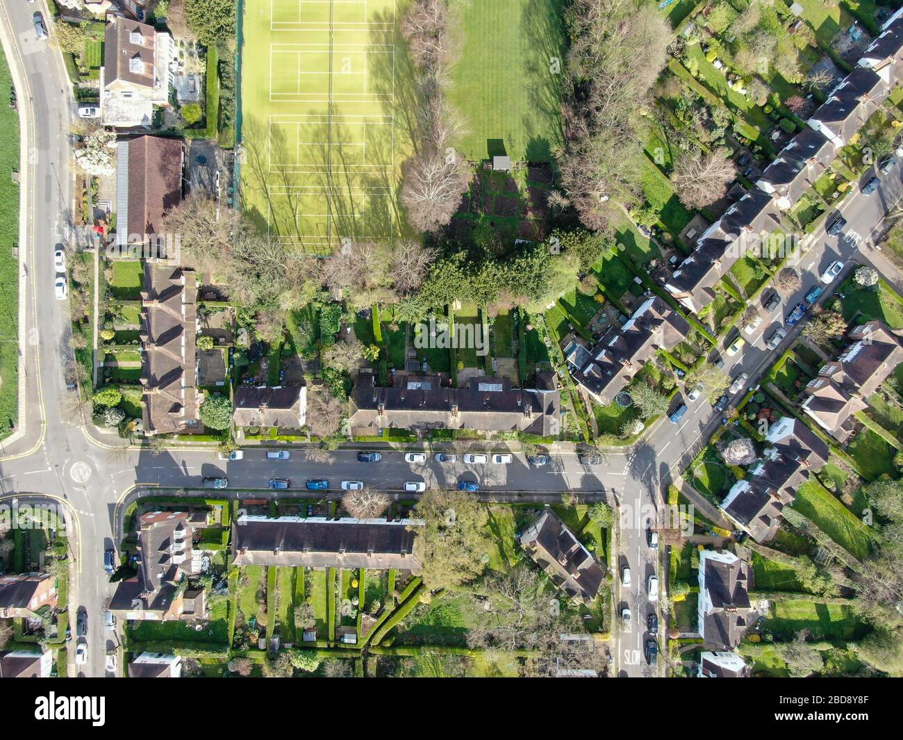 Aerial view of Hampstead Garden Suburb and typical house cottage, an ...
