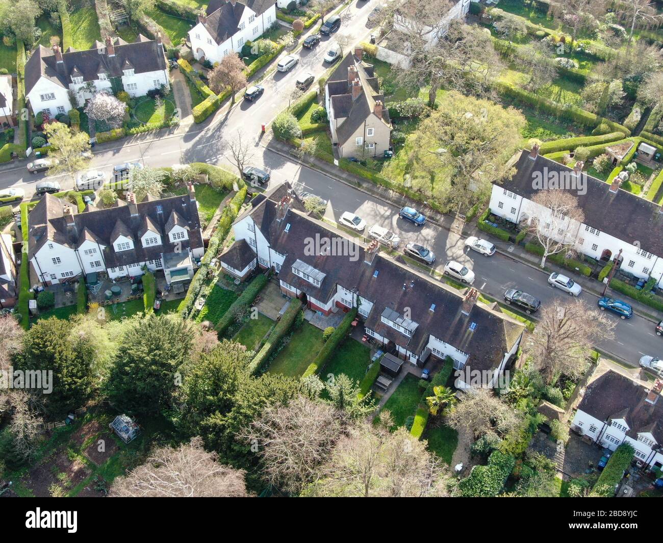 Aerial top view of Hampstead Garden Suburb and typical house cottage ...