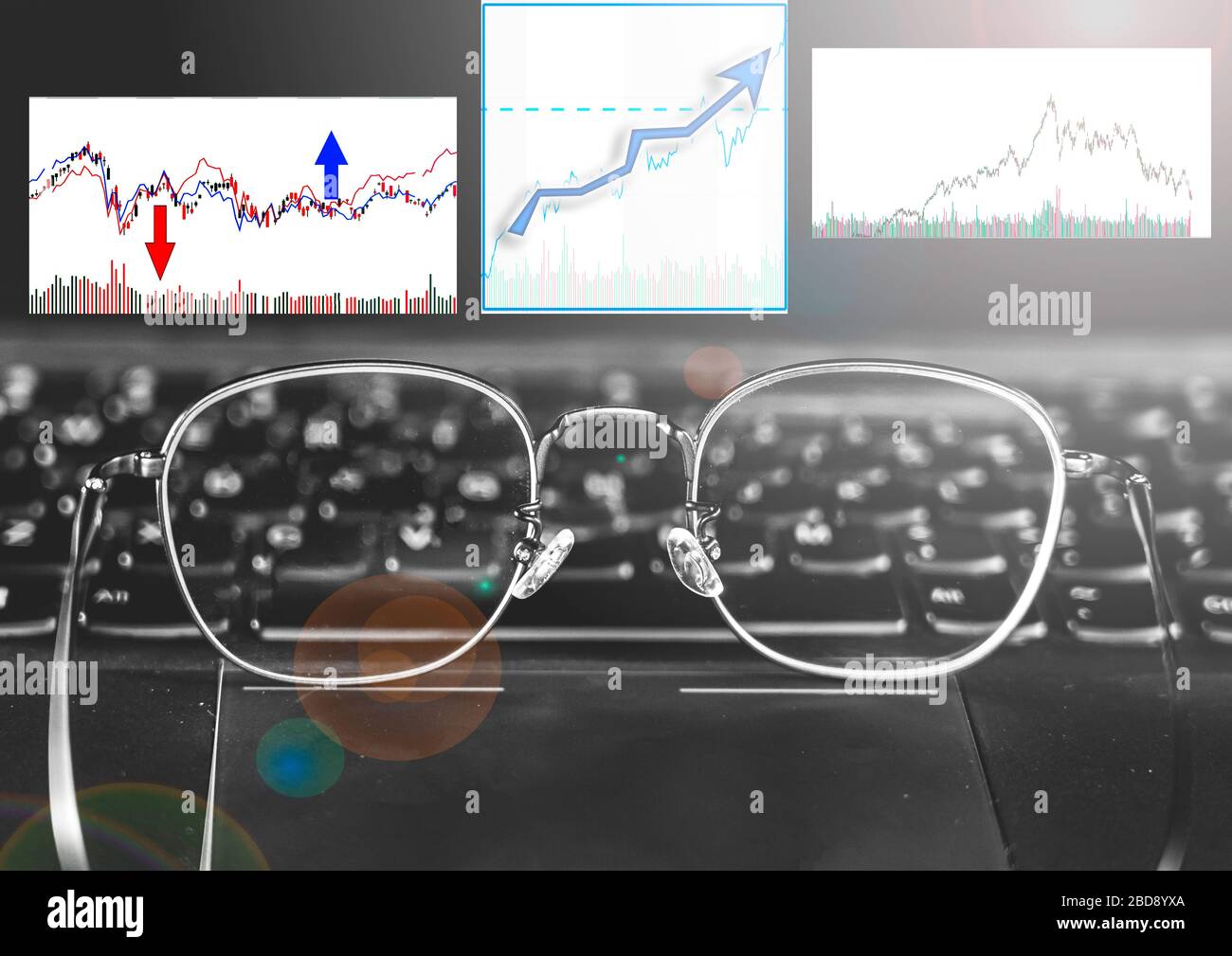 Index growth chart with laptop and glasses; business concept Stock ...