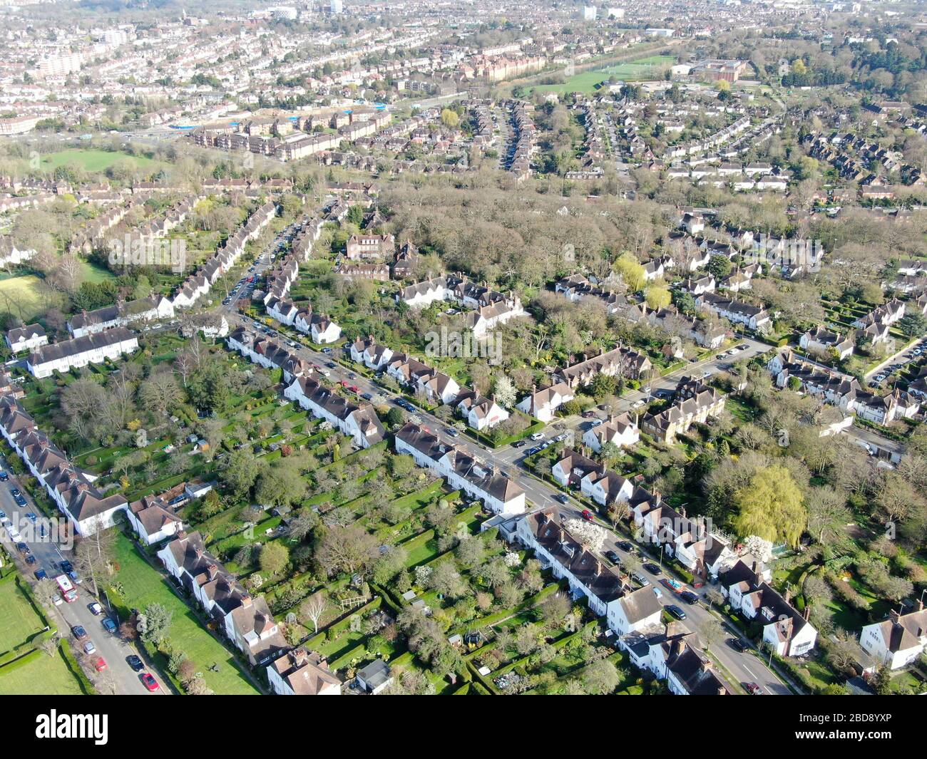 Aerial view of Hampstead Garden Suburb and typical house cottage, an ...