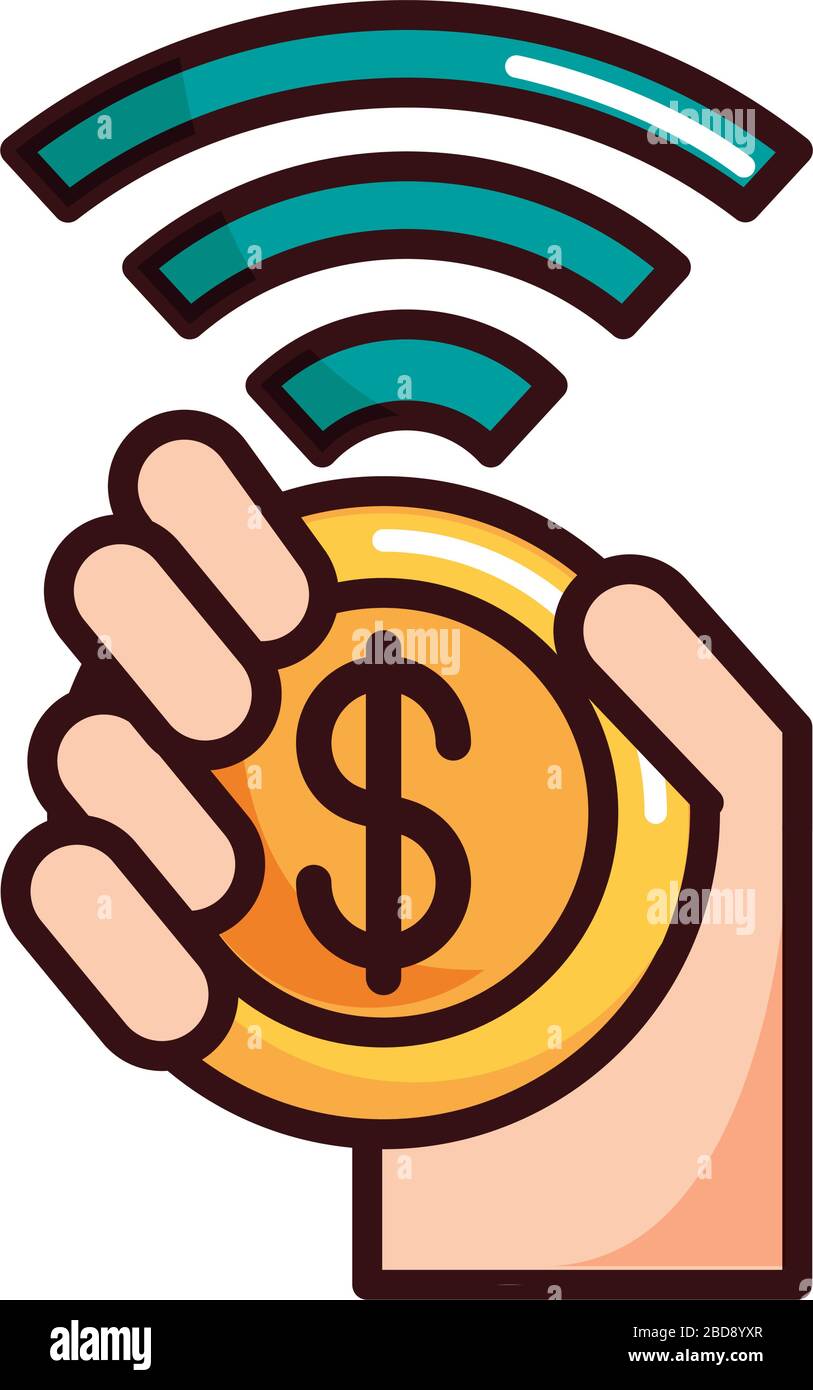 hand with coin money connection shopping or payment mobile banking ...