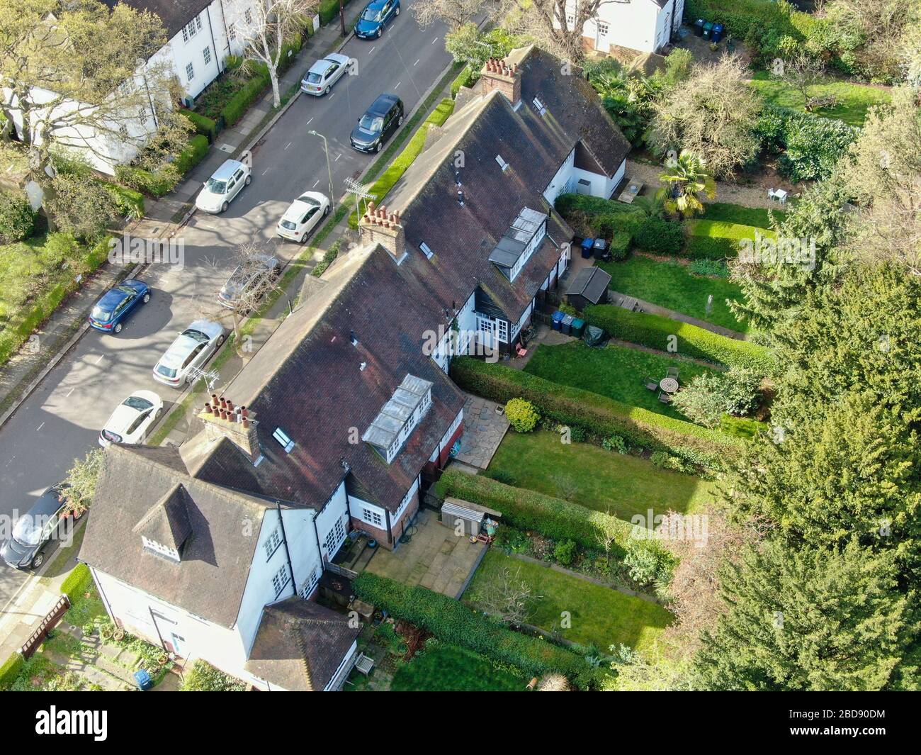Aerial view of Hampstead Garden Suburb and typical house cottage, an ...