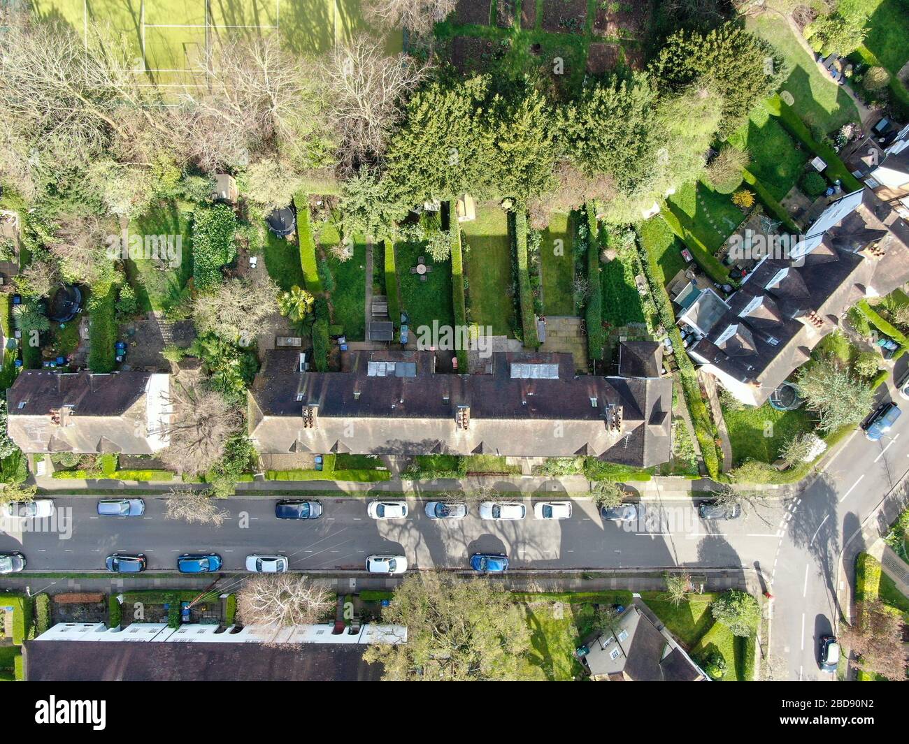 Aerial top view of Hampstead Garden Suburb and typical house cottage ...