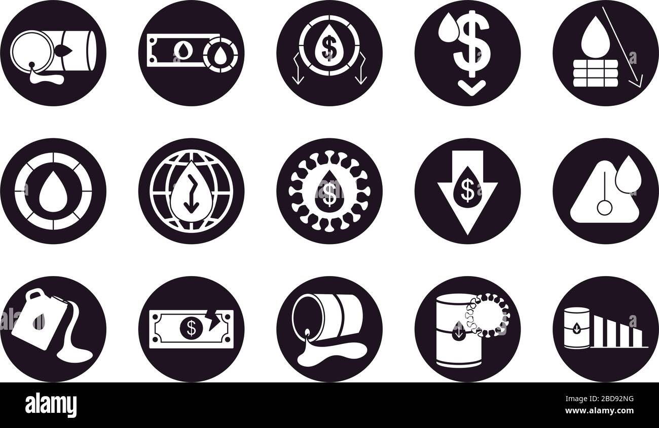 money bills and oil crash icon set, over white background, silhouette ...