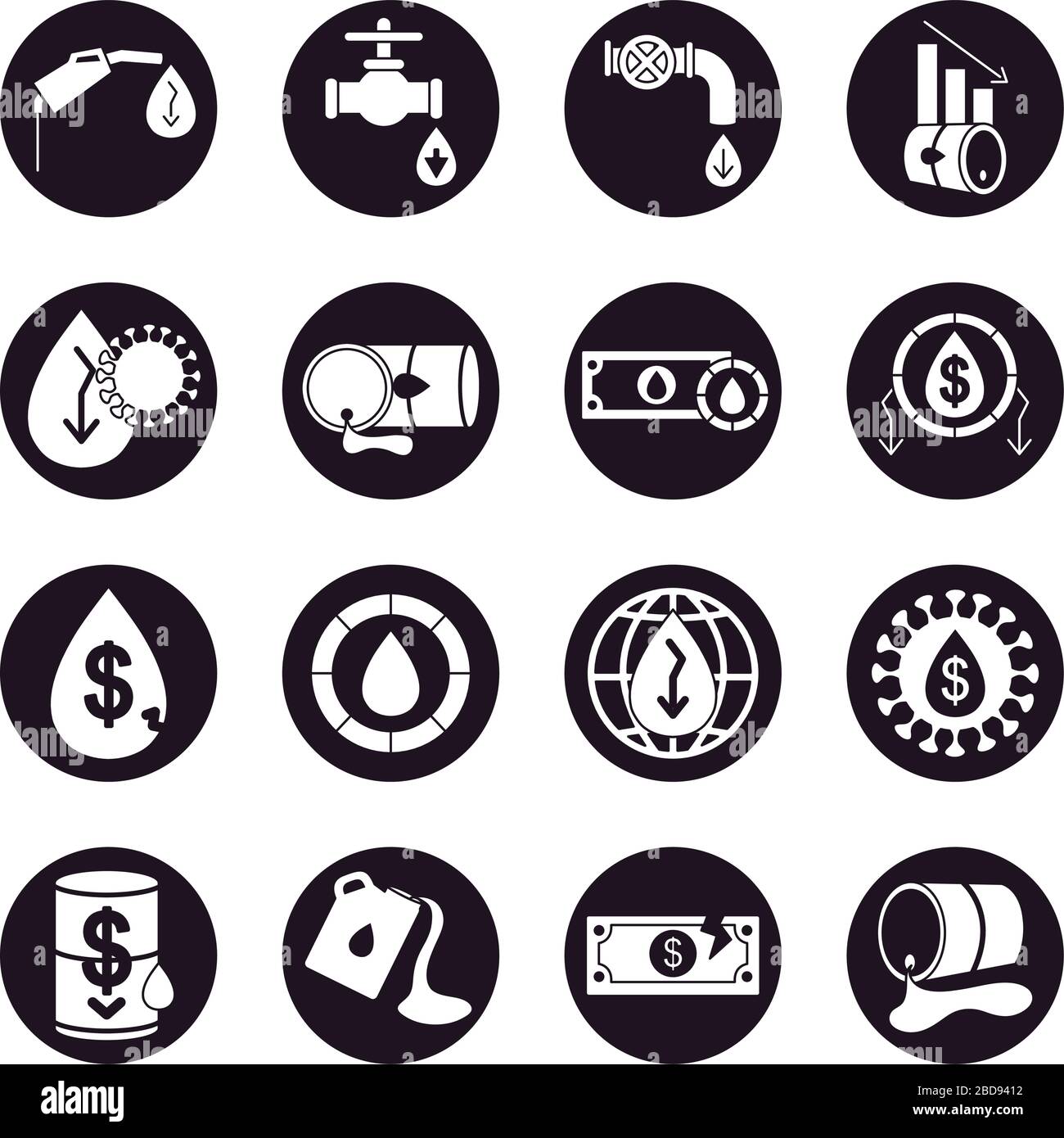 money and oil crash icon set over white background, silhouette style ...