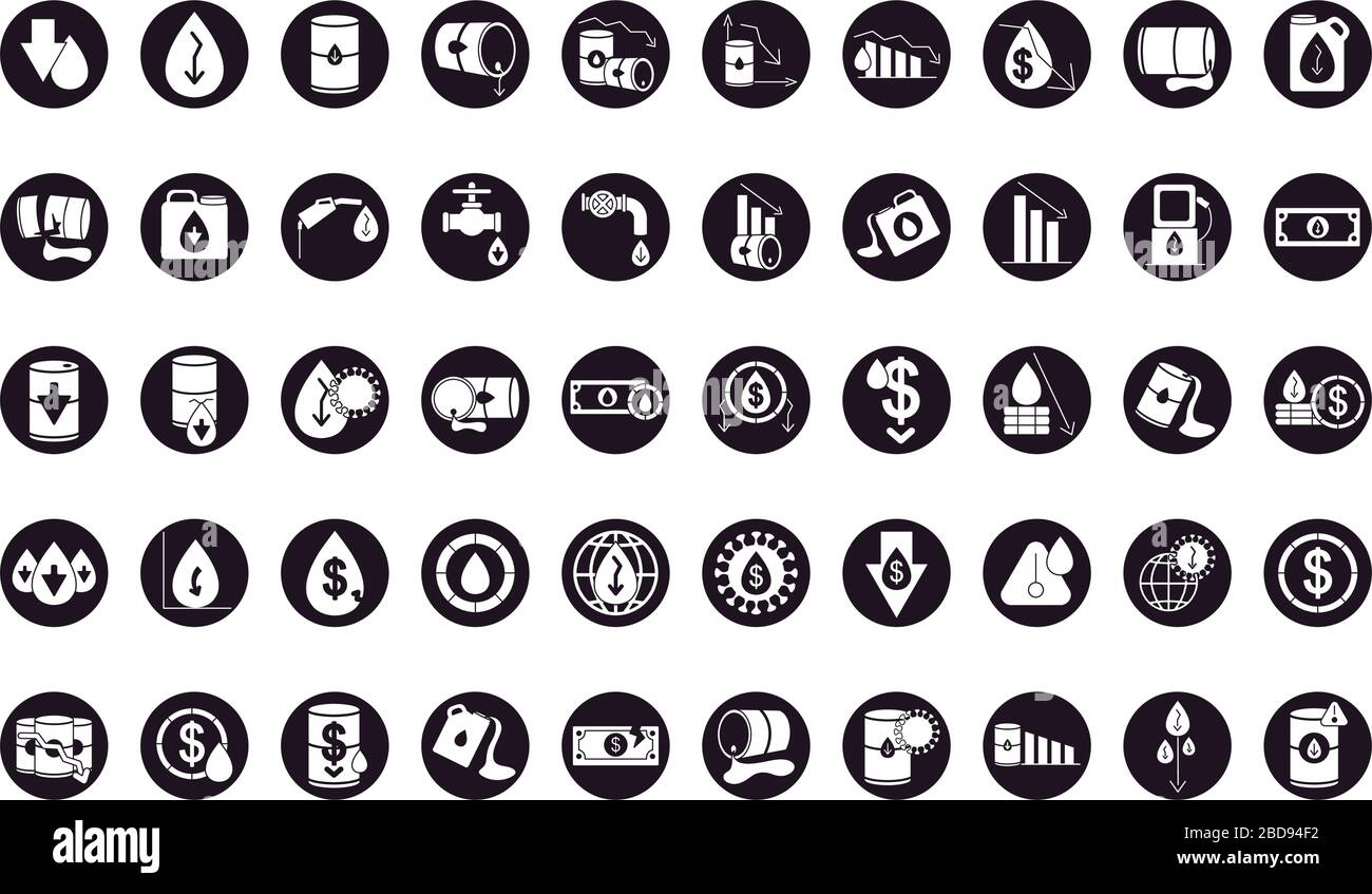icon set of oil crash concept over white background, silhouette style ...