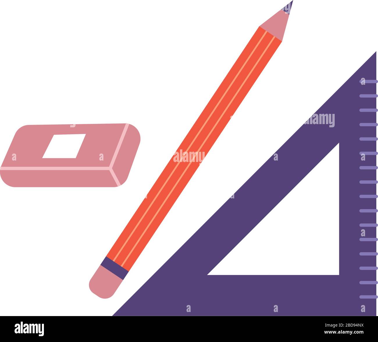 triangle rule with pencil and eraser school supplies flat style Stock ...
