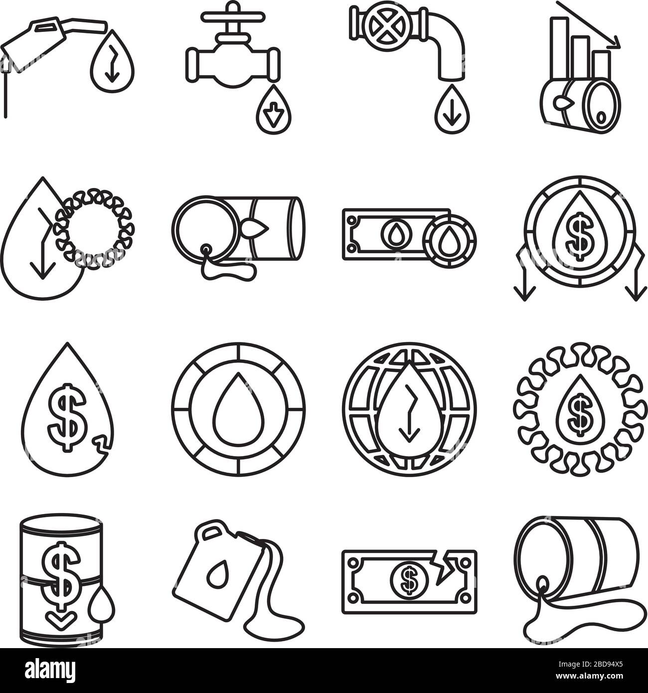 money and oil crash icon set over white background, line style, vector ...
