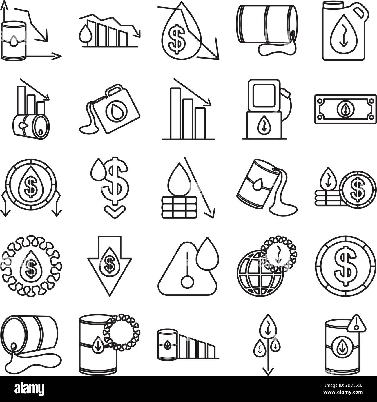 oil barrels and oil crash icon set over white background, line style ...
