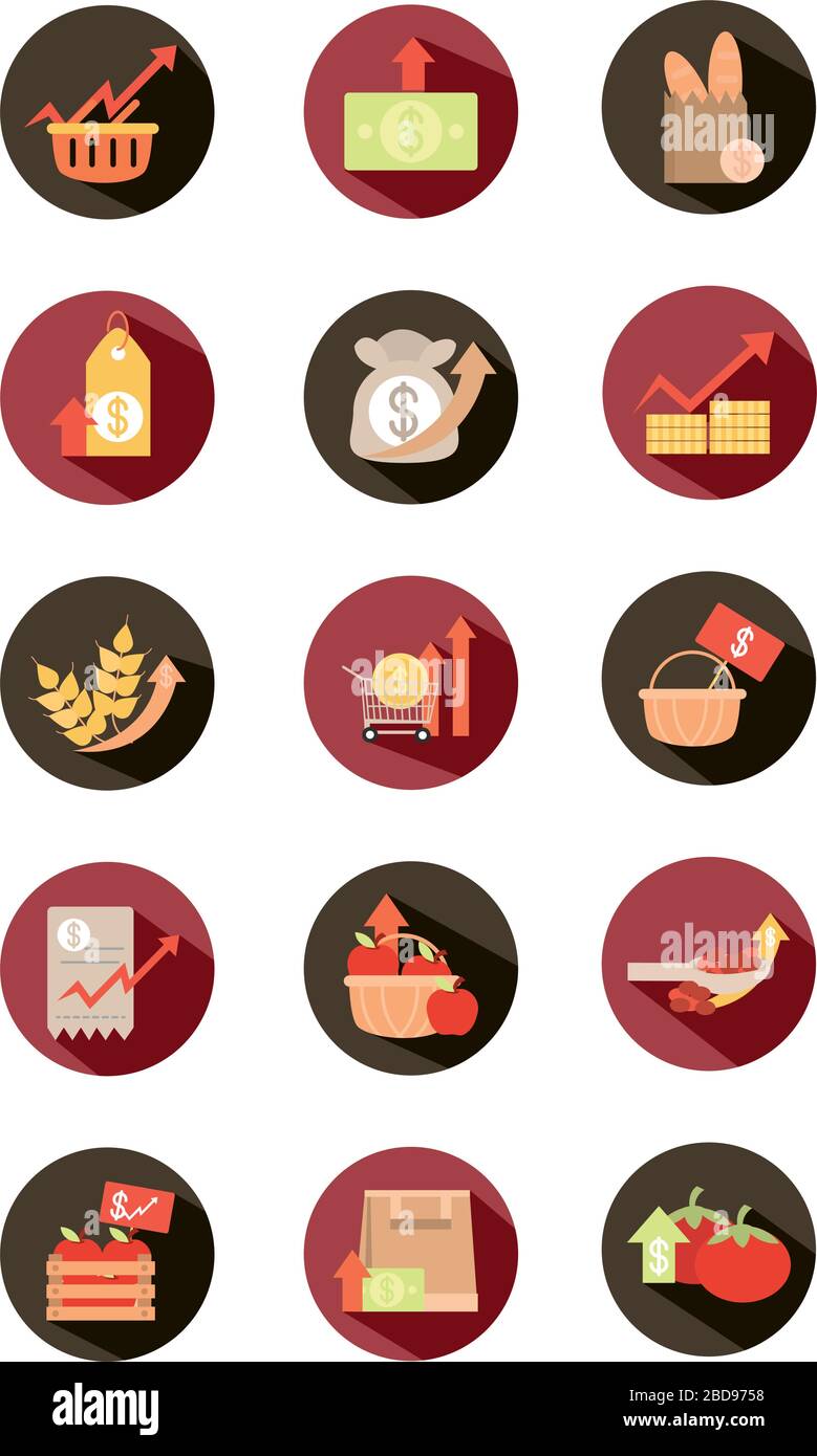 rising food prices, market commerce economy crisis icons set vector ...