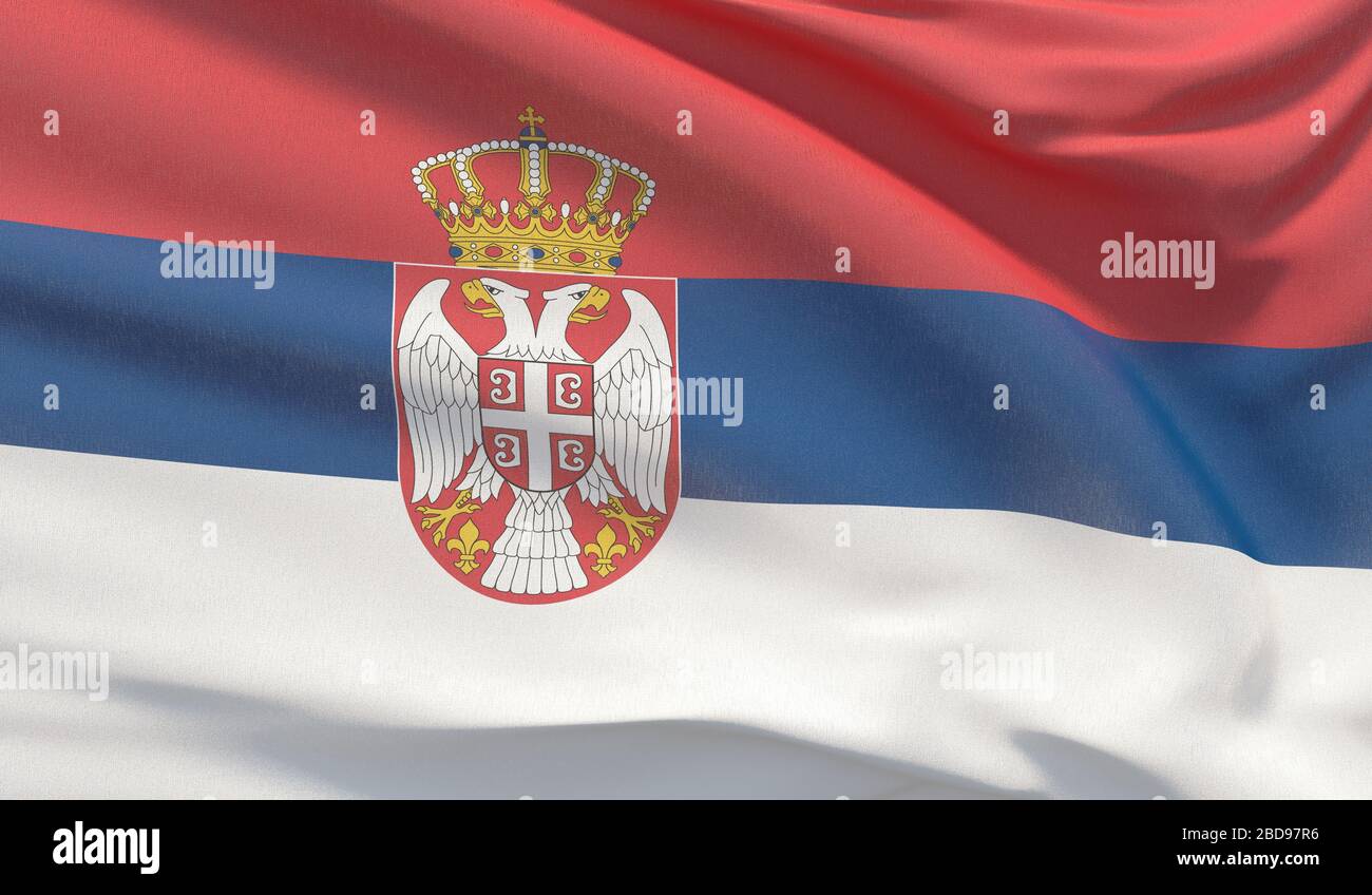 Waving national flag of Serbia. Waved highly detailed close-up 3D ...