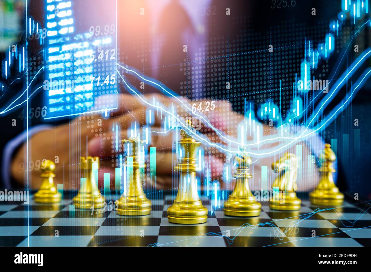 Chess game on chess board on stock market or forex trading graph chart ...