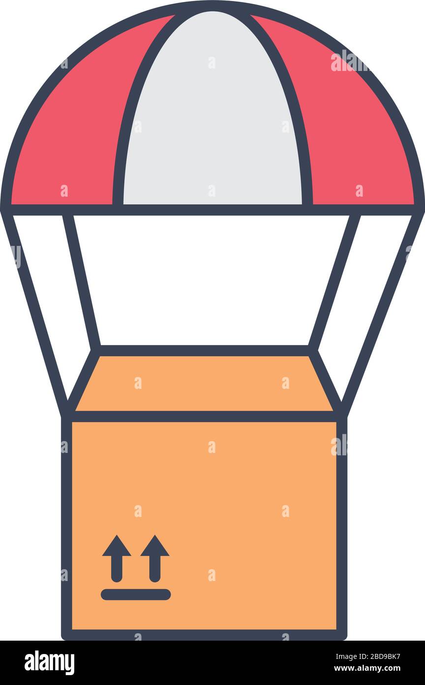 parachute with box icon over white background, line and fill style ...
