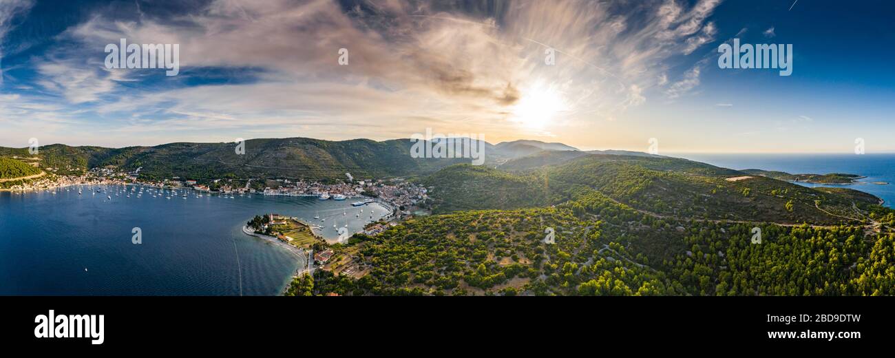 Aerial view of marina Vis at sunset, Croatia, a lot of chaotically ...