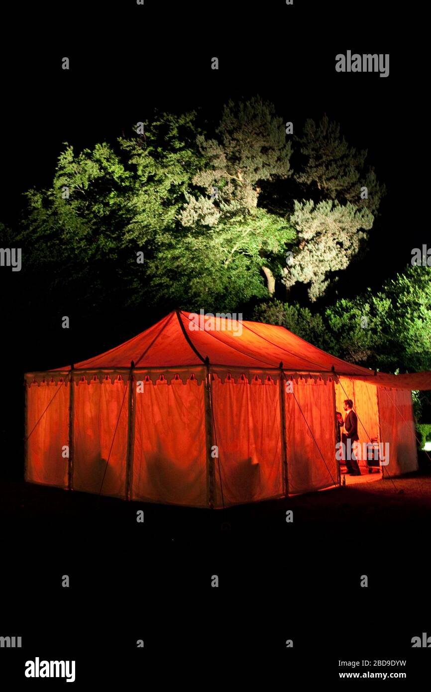 wedding party went on inside a marquee at night under a tree Stock ...