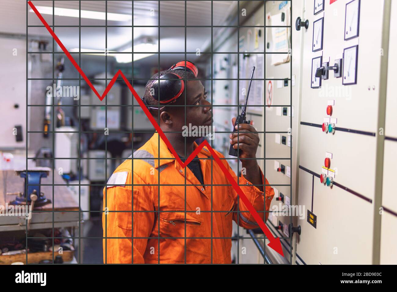 Concept of falling market in marine industry with downward graphics ...