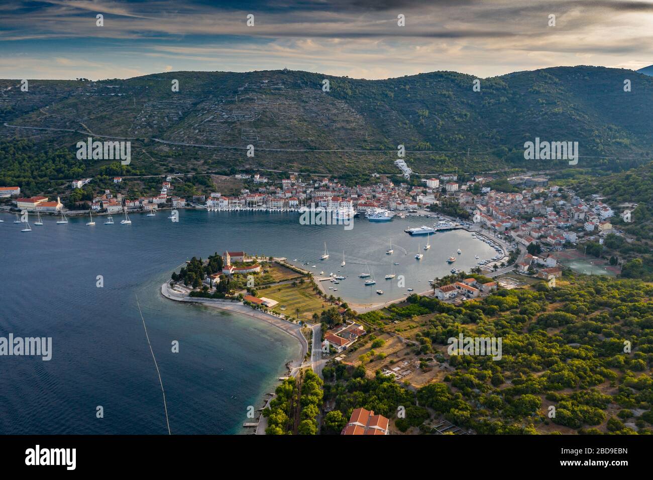 Aerial view of marina Vis at sunset, Croatia, a lot of chaotically ...