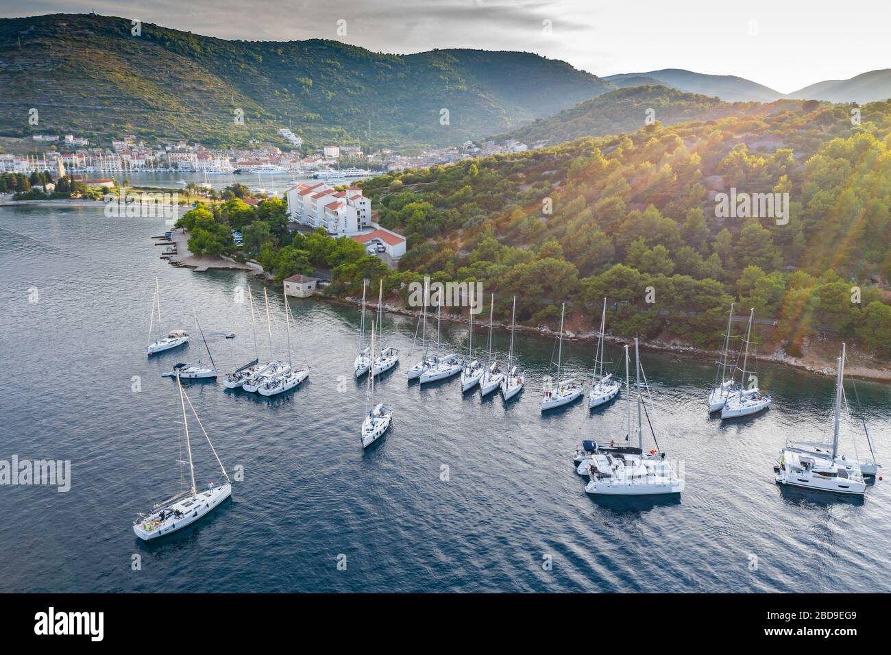 Aerial view of marina Vis at sunset, Croatia, a lot of chaotically ...