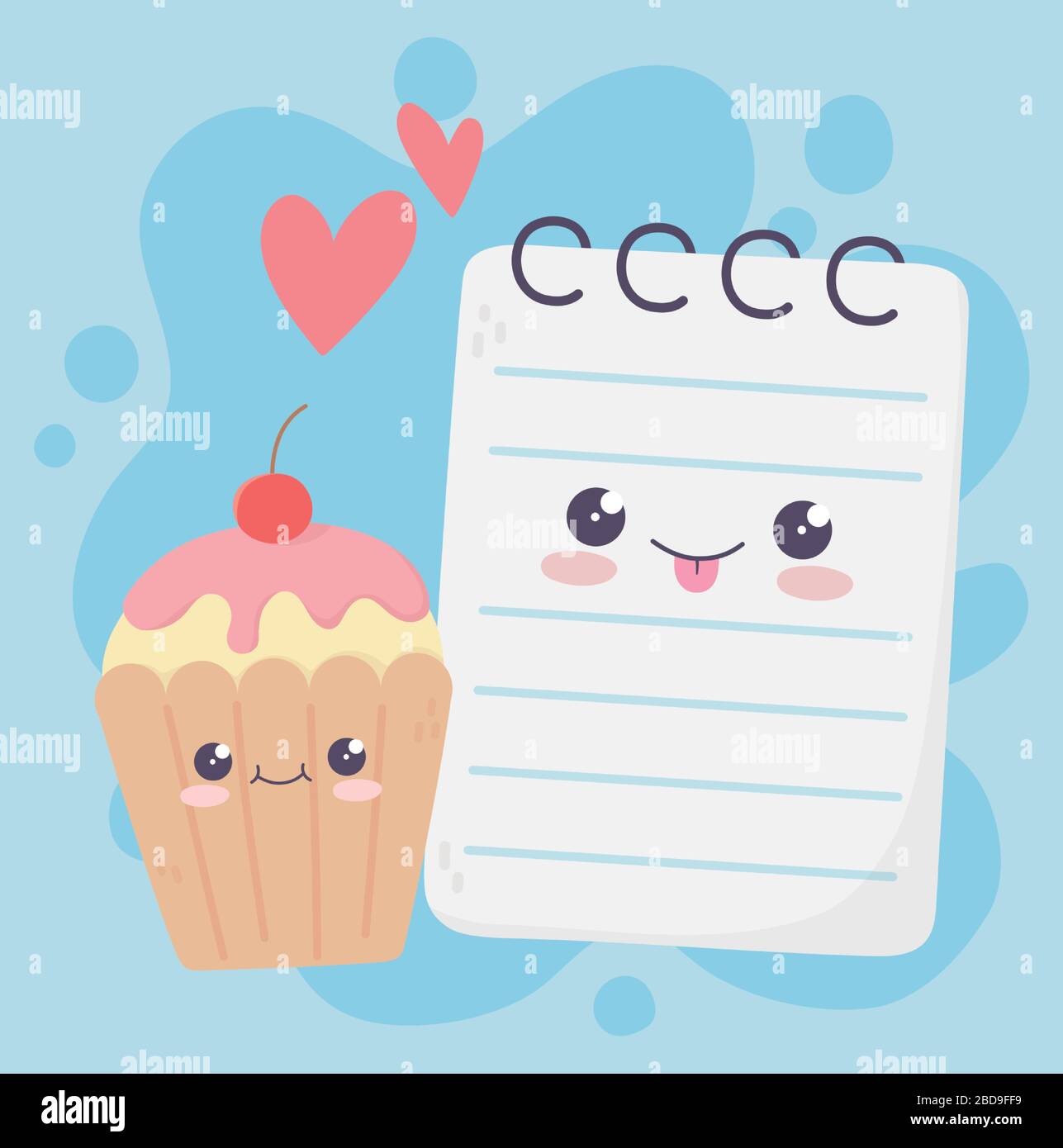 cute notepad and apple love hearts kawaii cartoon character vector ...