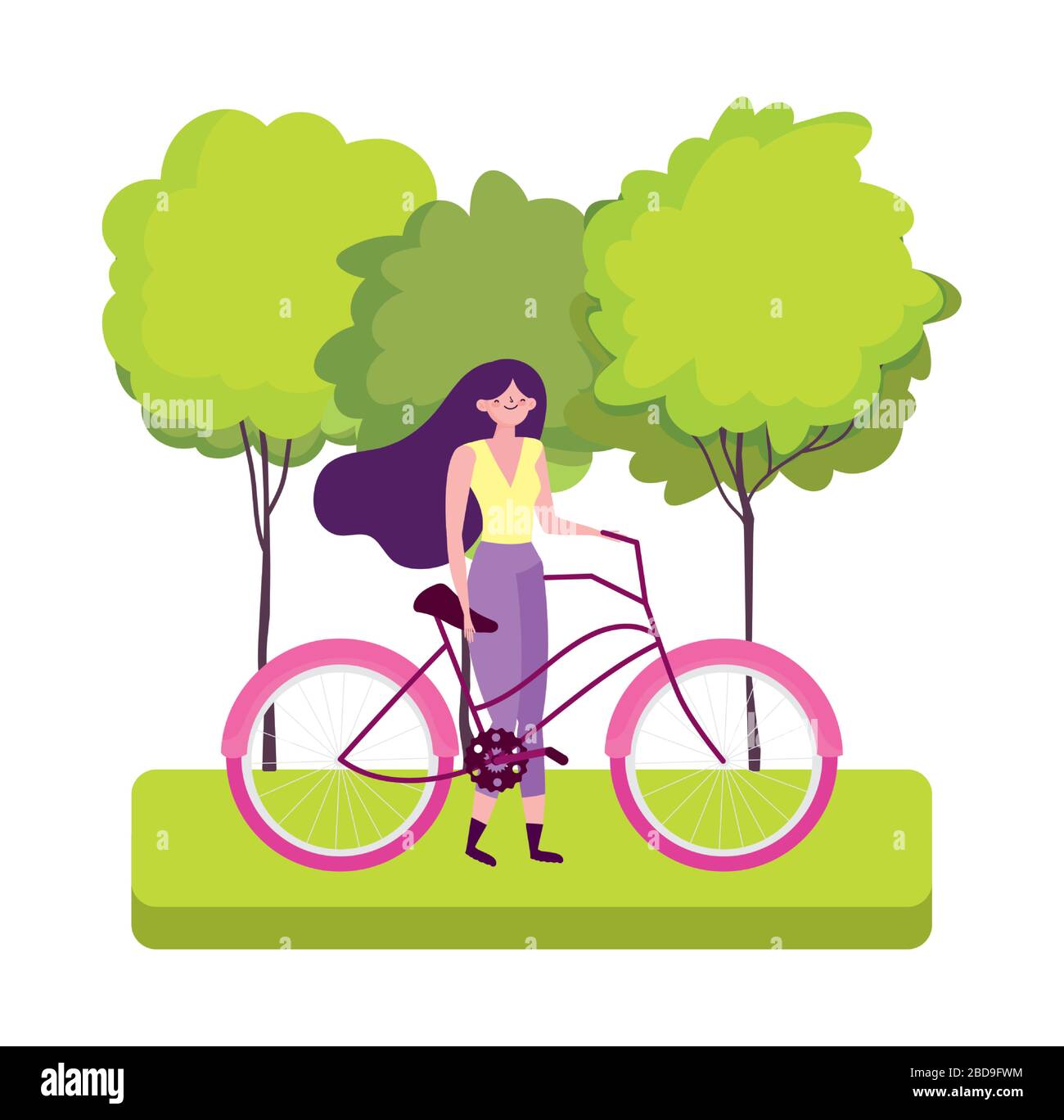 eco friendly transport, young woman with bicycle in the park cartoon ...