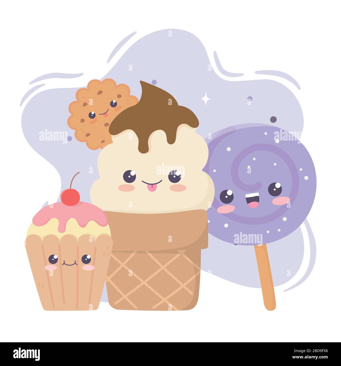 cute cupcake ice cream cookie and candy in stick kawaii cartoon ...