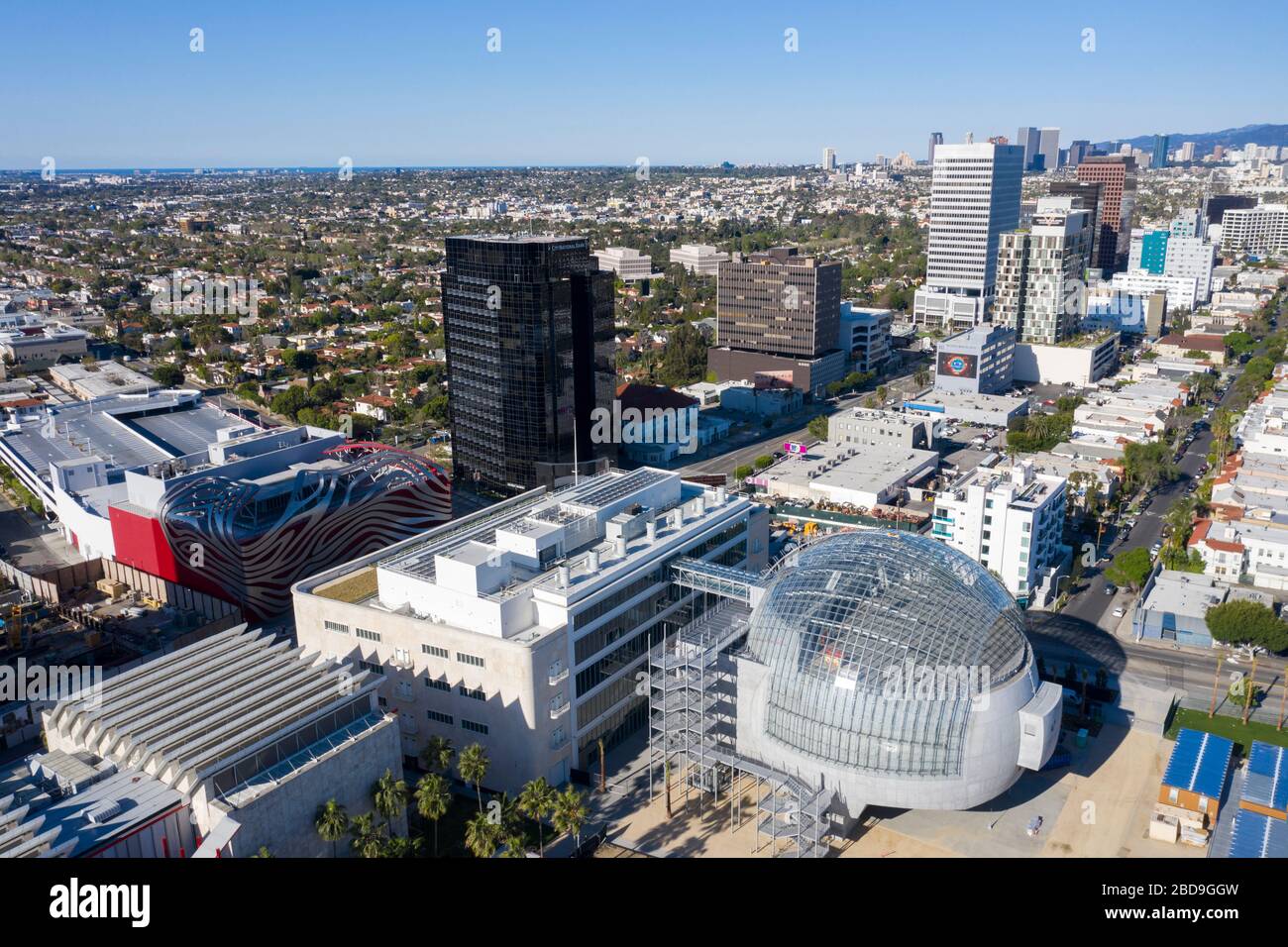 Aerial view of the Academy Museum of Motion Pictures in Mid-Wilshire ...
