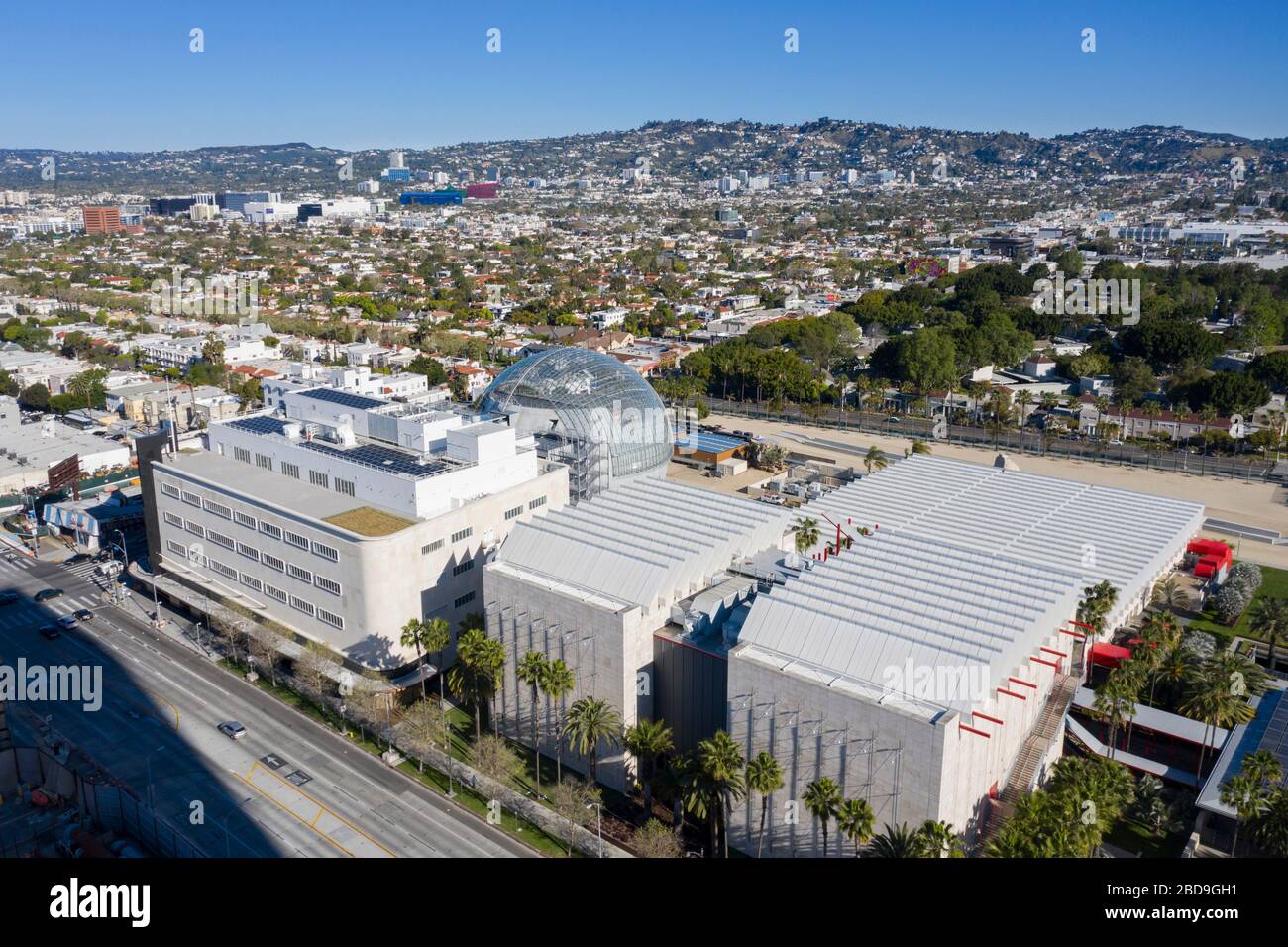 Aerial view of the Academy Museum of Motion Pictures in Mid-Wilshire ...