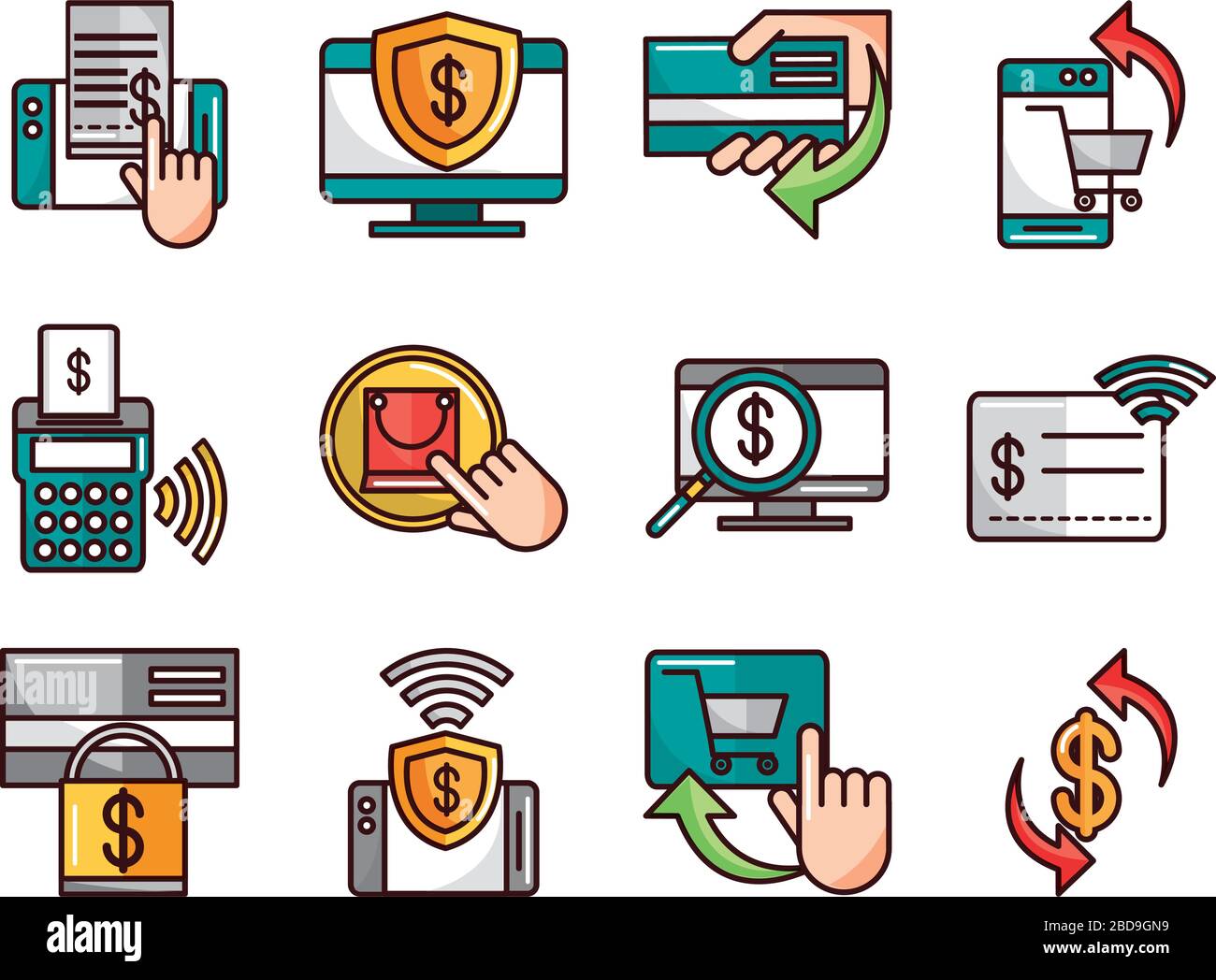 mobile banking shopping or payment market online, ecommerce icons set ...