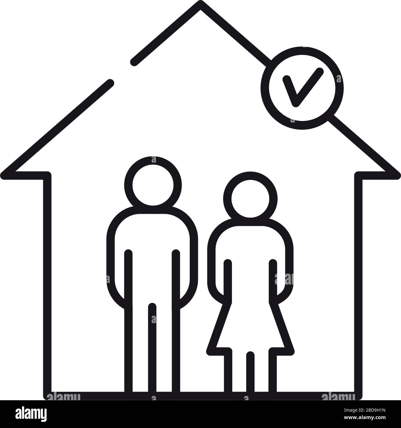 pictogram couple safe inside the house icon over white background, line ...