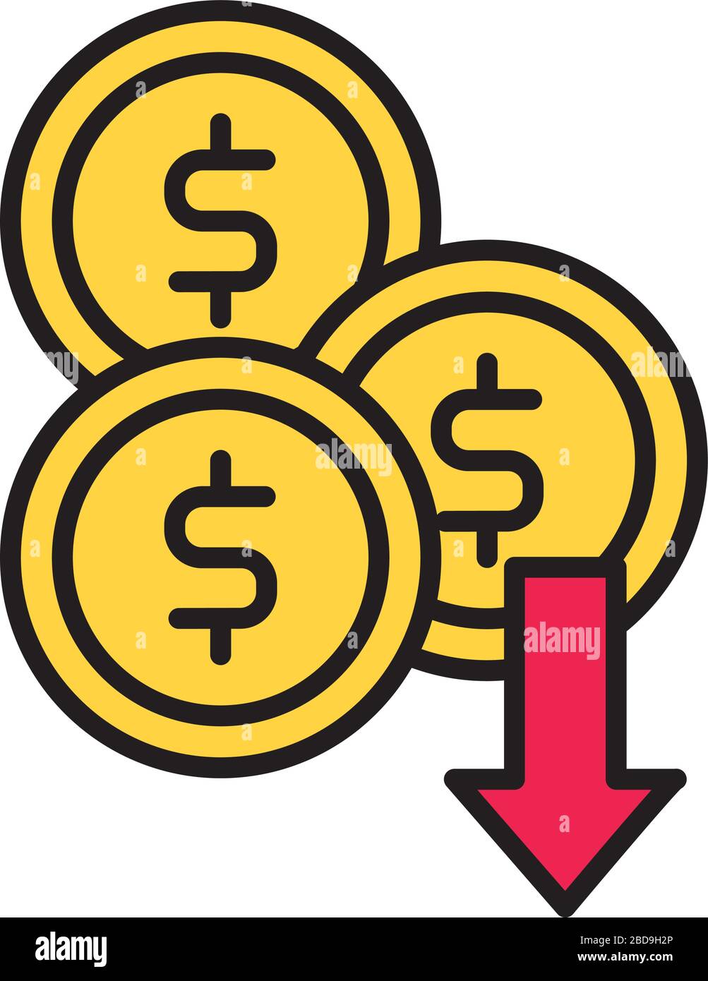 coins money dollar with arrow down line and fill style Stock Vector ...