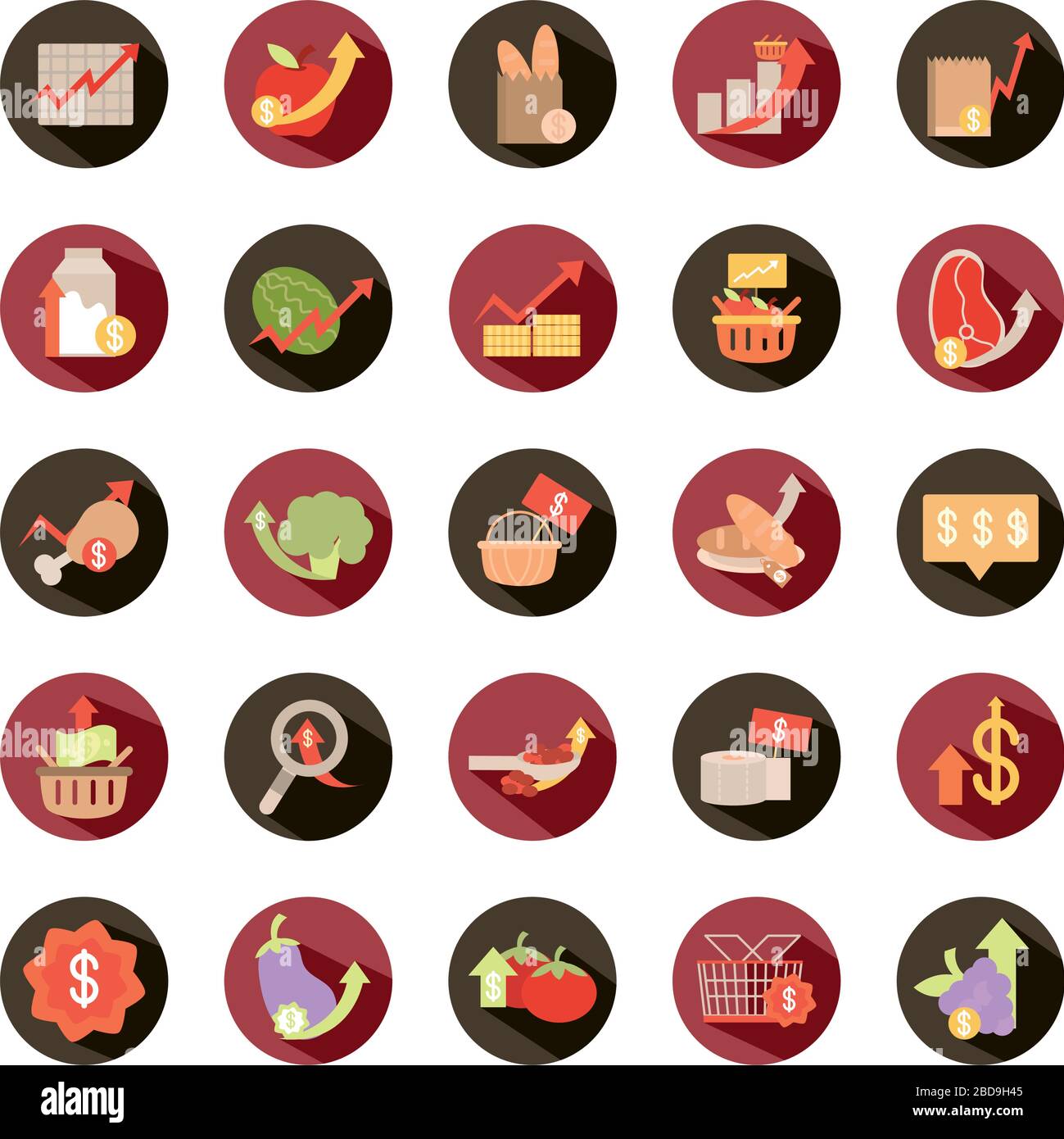 rising food prices, market commerce economy crisis icons set vector ...