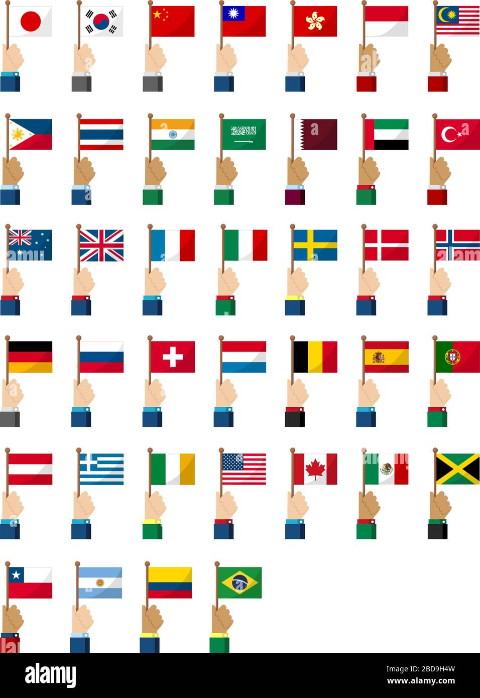 Holding The National Flag In Hand Flat Vector Illustration Set Stock
