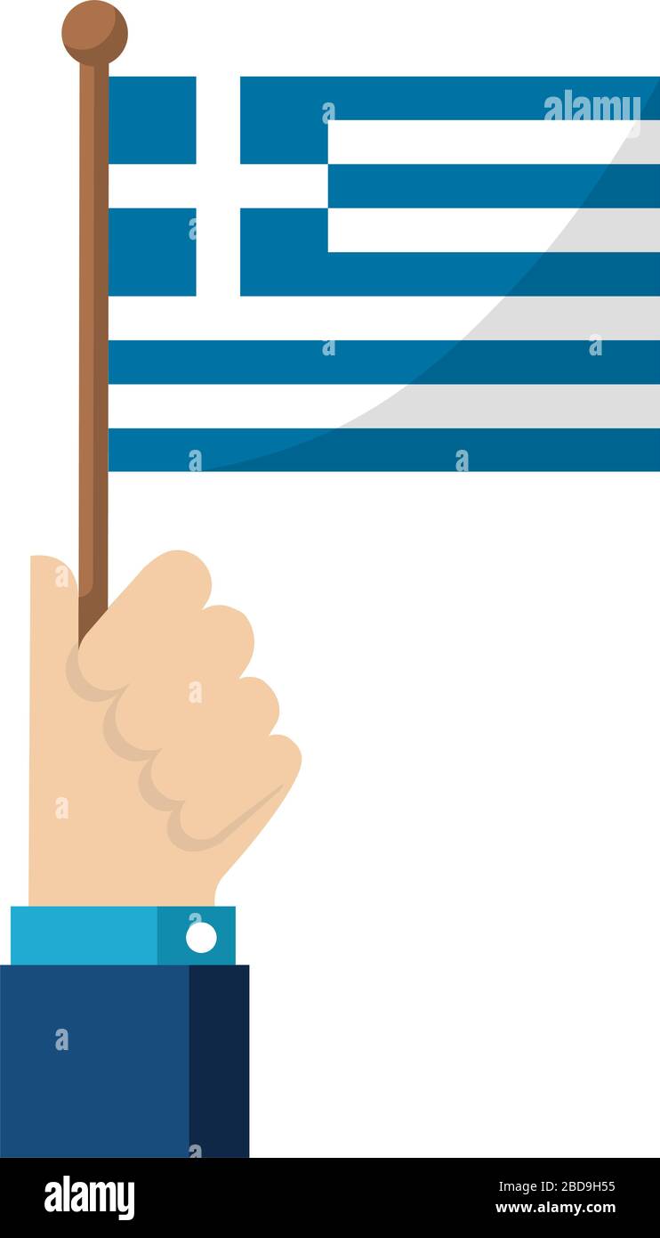 Holding the national flag in hand , flat vector illustration / Greece ...
