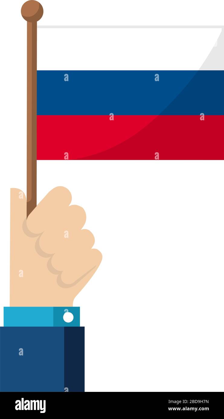 Holding the national flag in hand , flat vector illustration / Russia ...