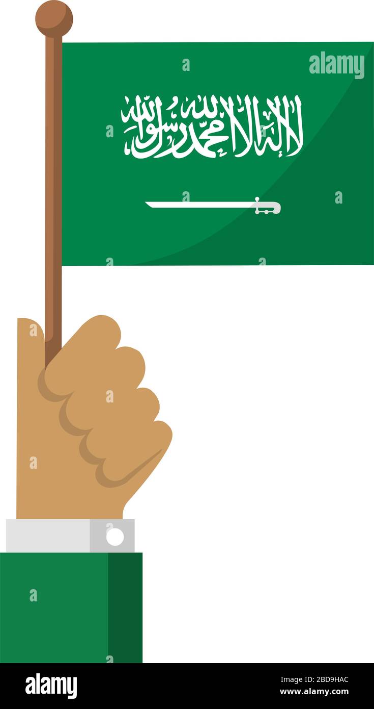 Holding the national flag in hand , flat vector illustration / Saudi ...