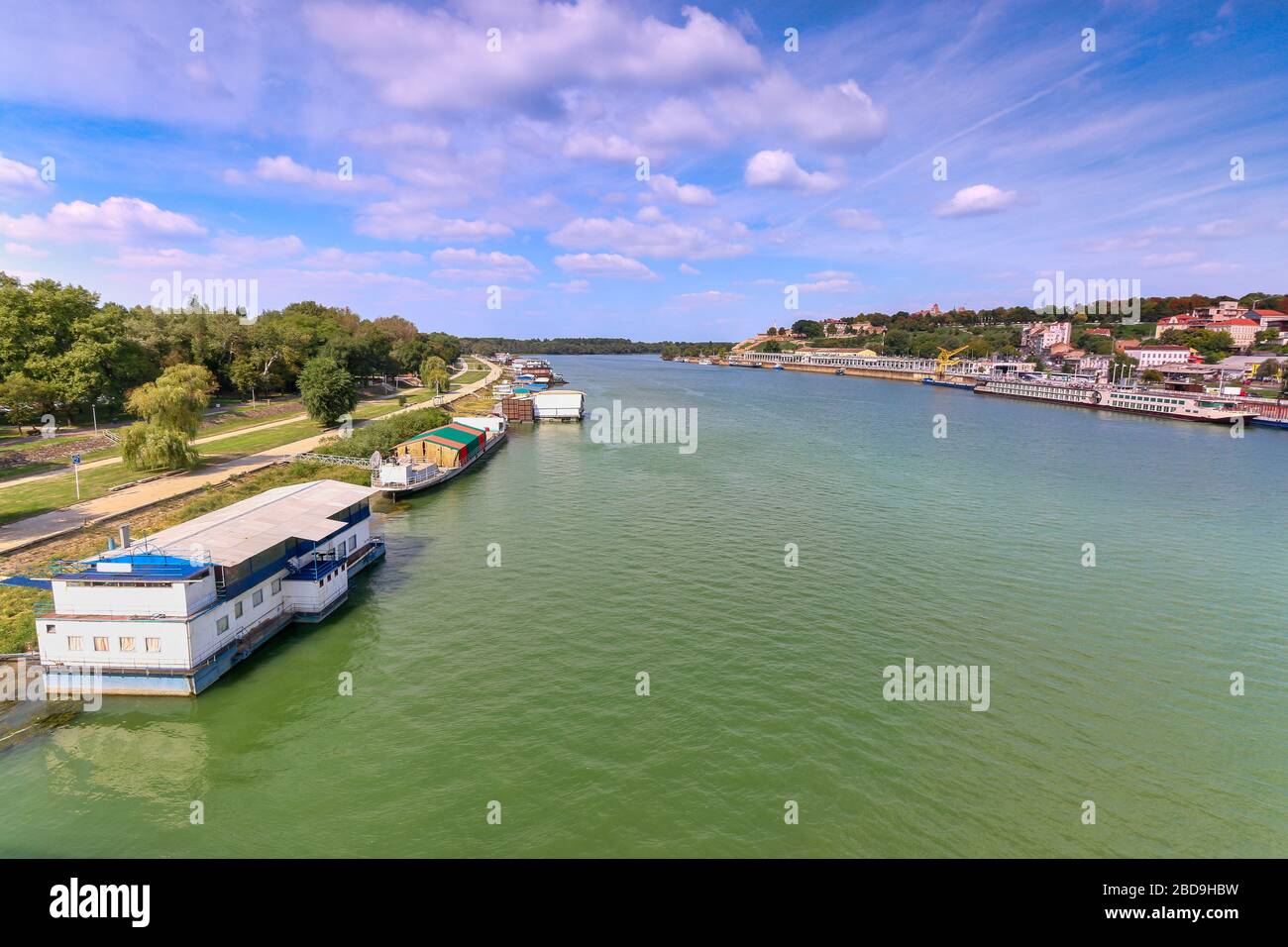 Floating houses and night clubs on Sava River at Belgrade, Serbia in a ...