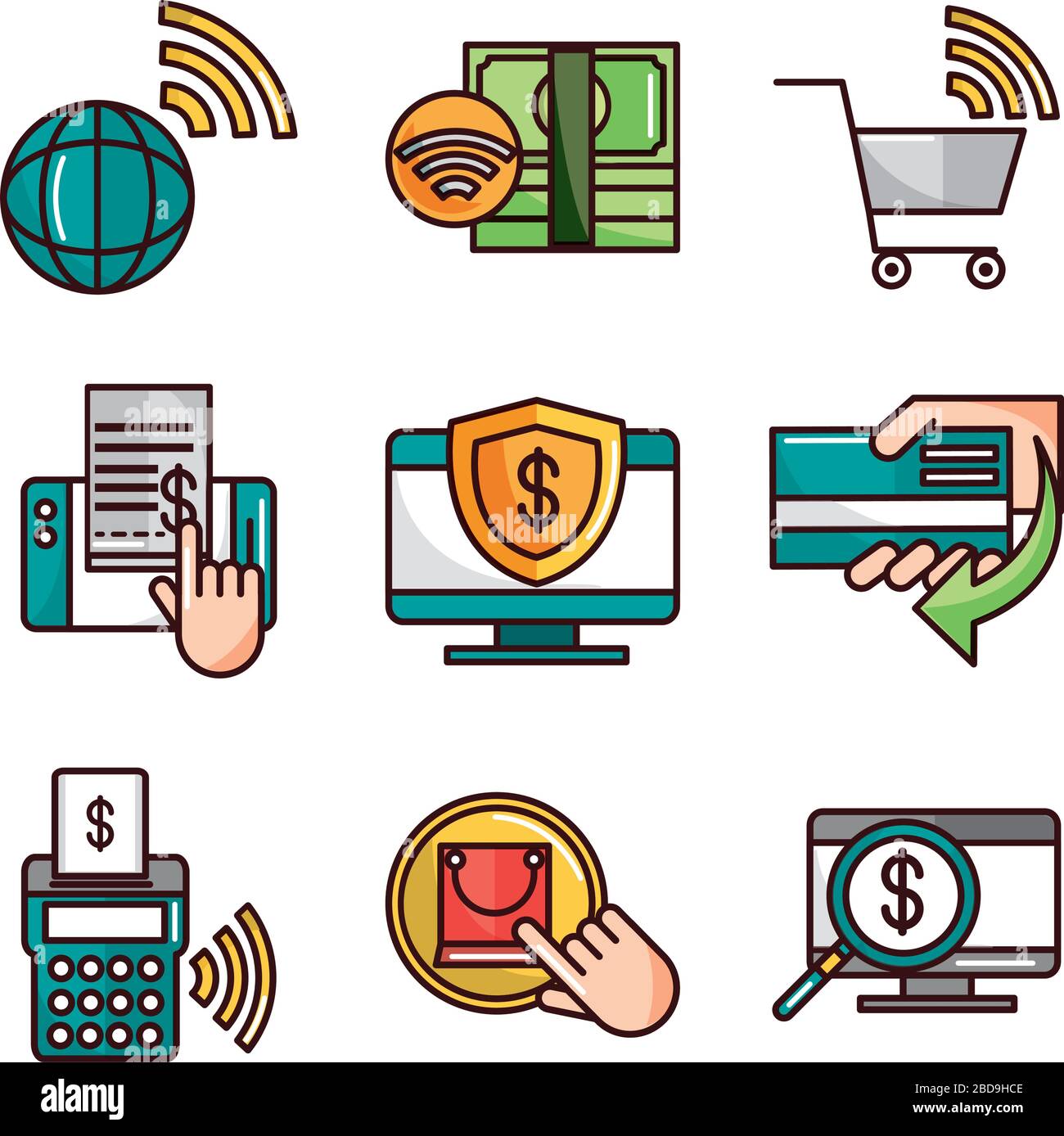 mobile banking shopping or payment market online, ecommerce icons set ...