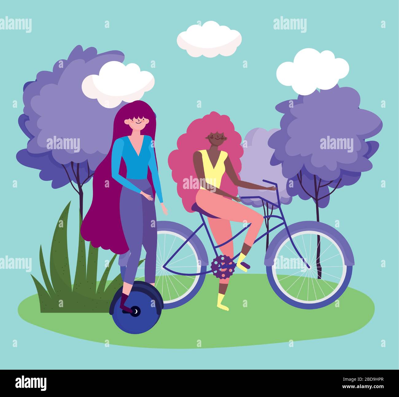 eco friendly transport, women with unicycle and bicycle cartoon ...