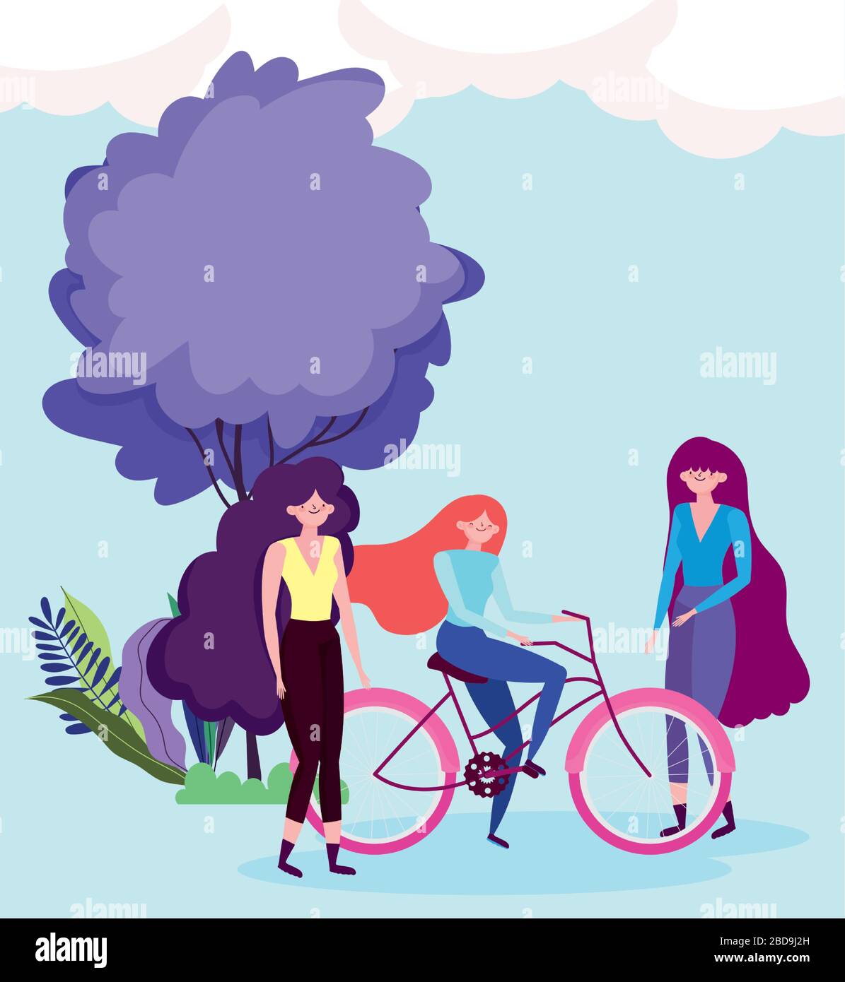 eco friendly transport, group with women and bike outdoors cartoon ...