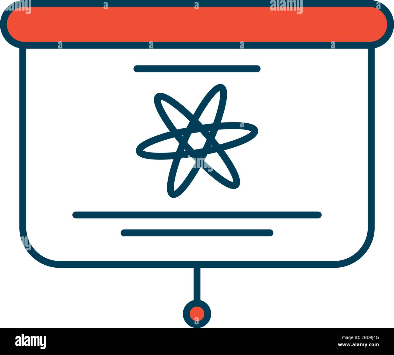 presentation board with atom icon over white background, line and fill ...