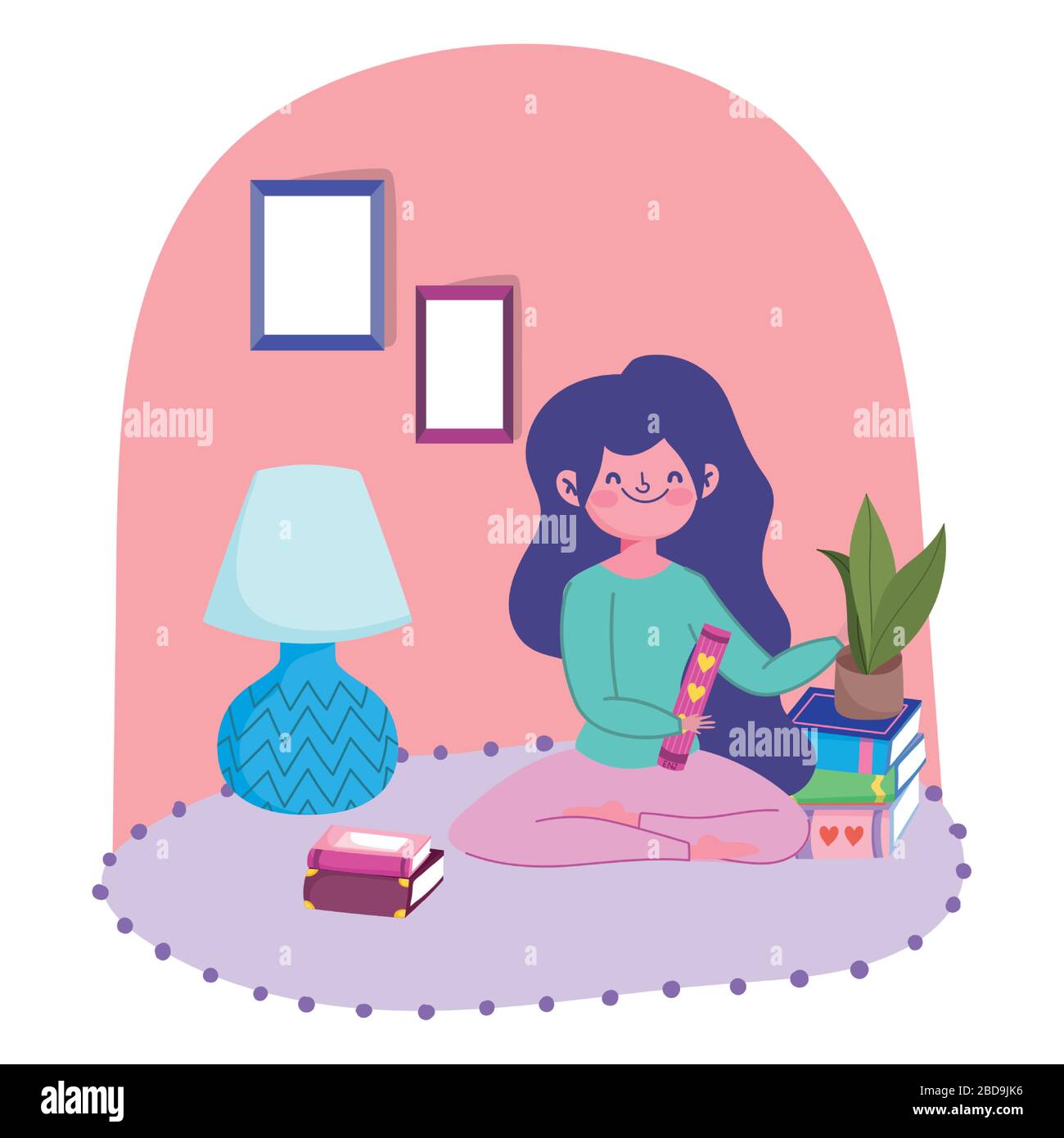 stay at home, young in floor with plant and stack of books vector ...