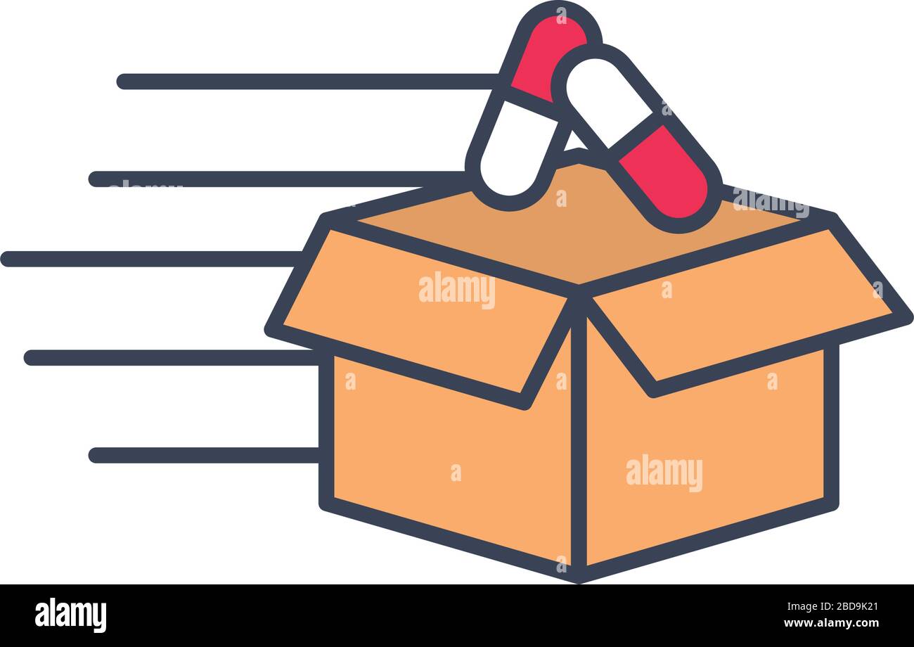 package box with medical capsules icon over white background, line and ...