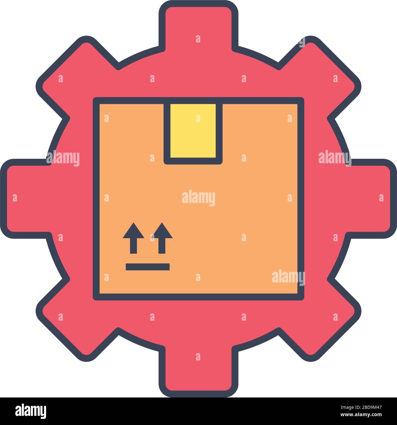gear wheel with package box icon over white background, line and fill ...
