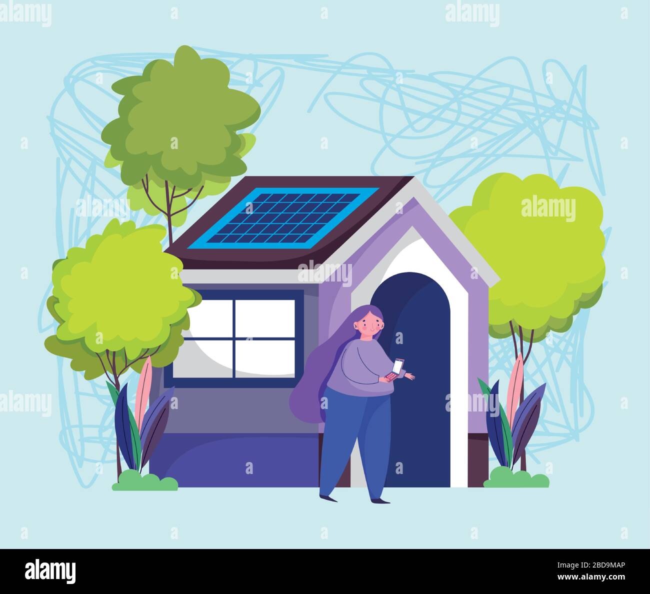 people and smartphone, woman using mobile outside house with solar ...