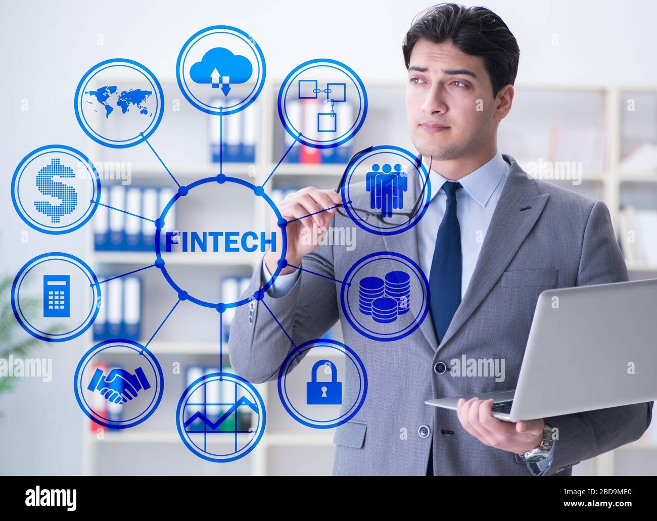 Businesswoman with laptop in financial technology fintech concept Stock ...
