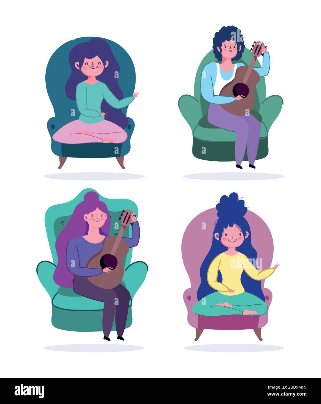 stay at home, people cartoon sitting in chair with guitar leisure ...