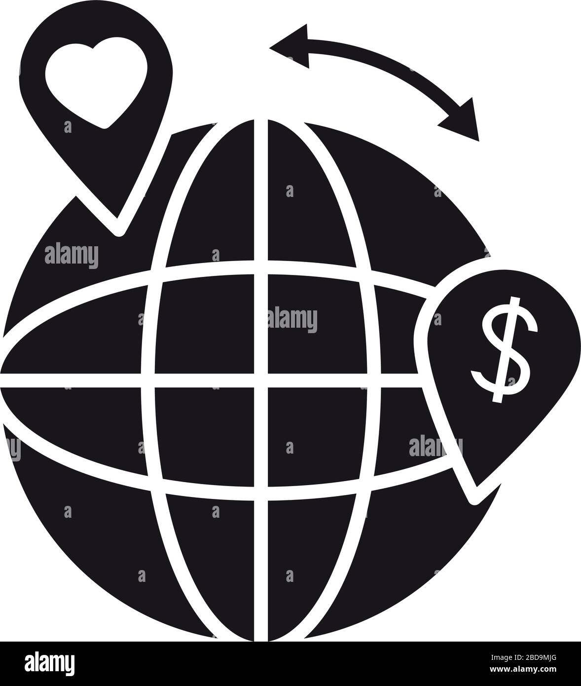charity and donation concept, global sphere and location pins with ...