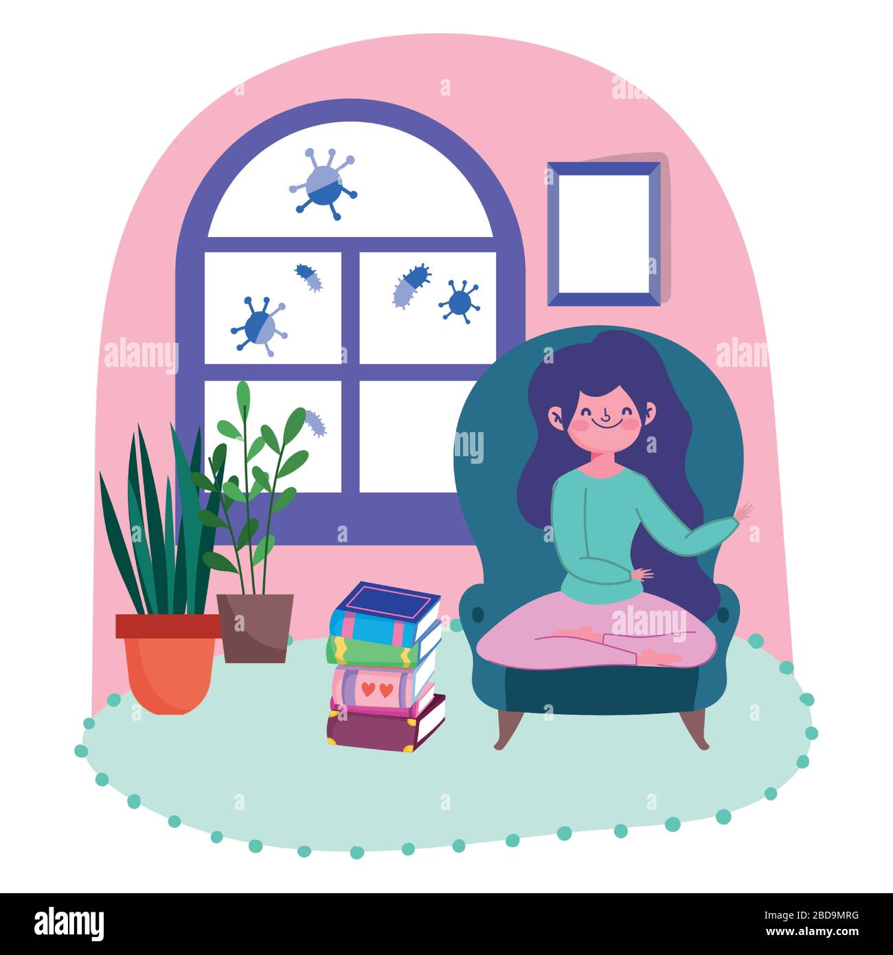 stay at home, young woman in chair with pile of books in the room ...